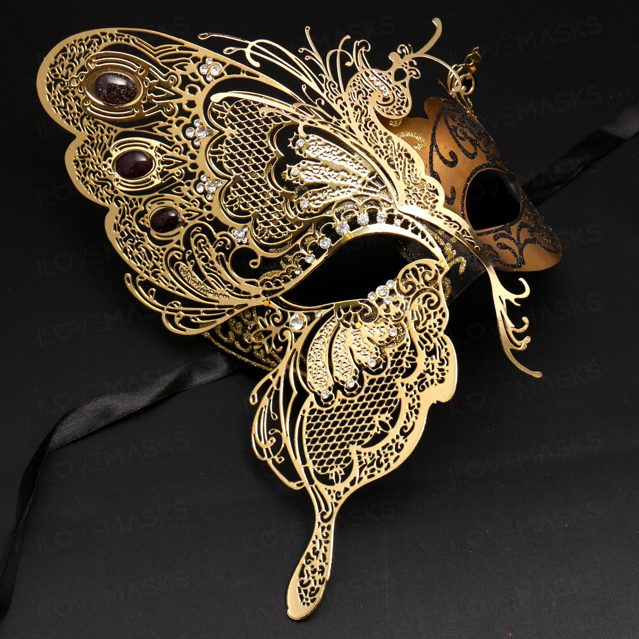 Side Butterfly Masquerade Costume Party Mask - Gold White