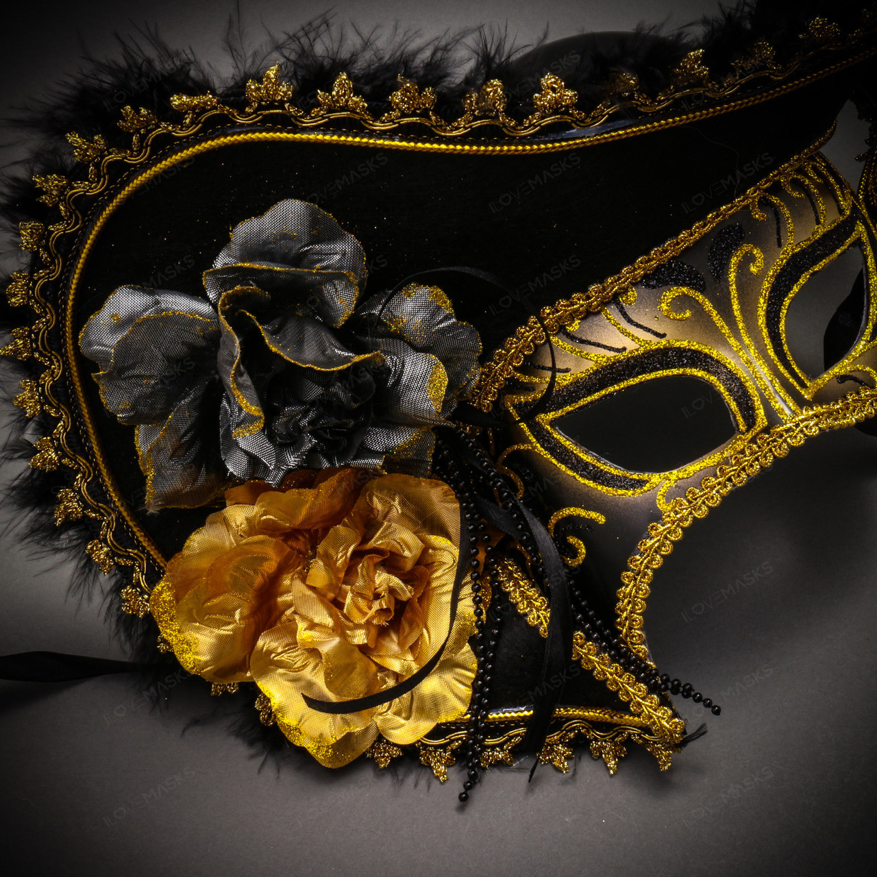 Lady Pirate Venetian Masquerade Mask Hat - Black Gold