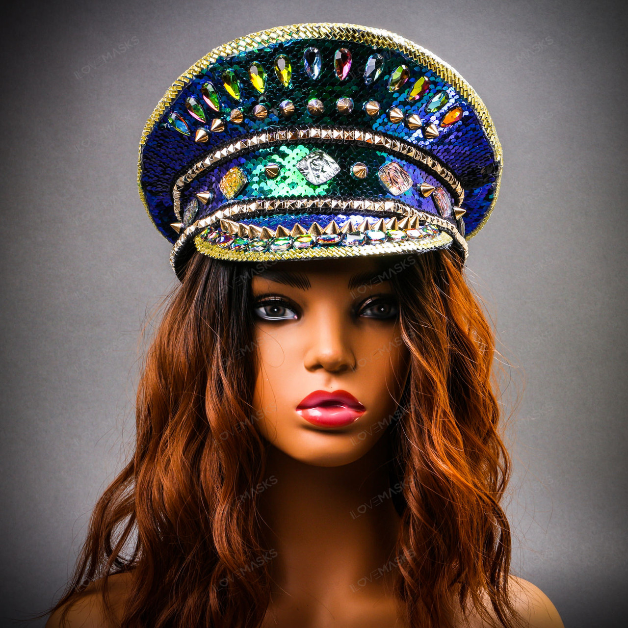 Steampunk Burning Man Captain Hat with Rhinestone - Blue Gold