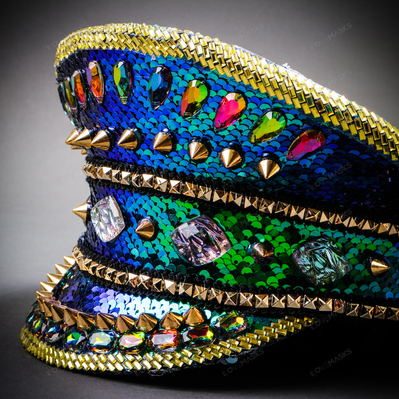 Steampunk Burning Man Captain Hat with Rhinestone - Blue Gold
