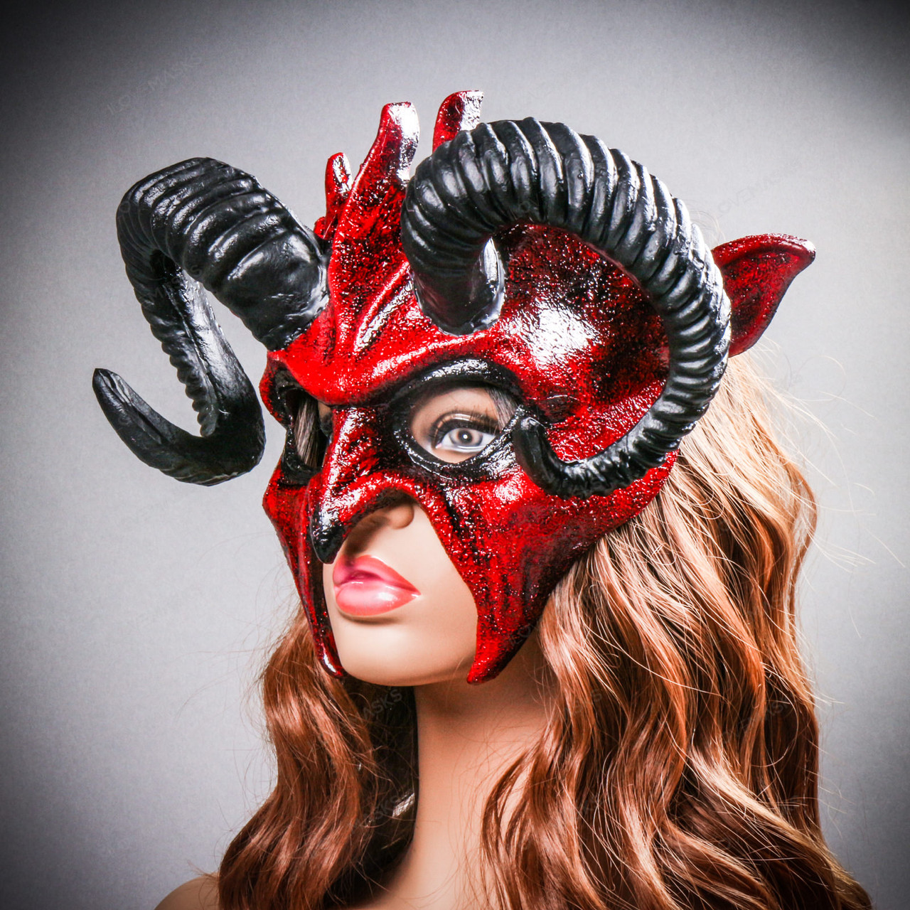 Demon Devil Satan with Black Horns Masquerade Mask - Bloody Red
