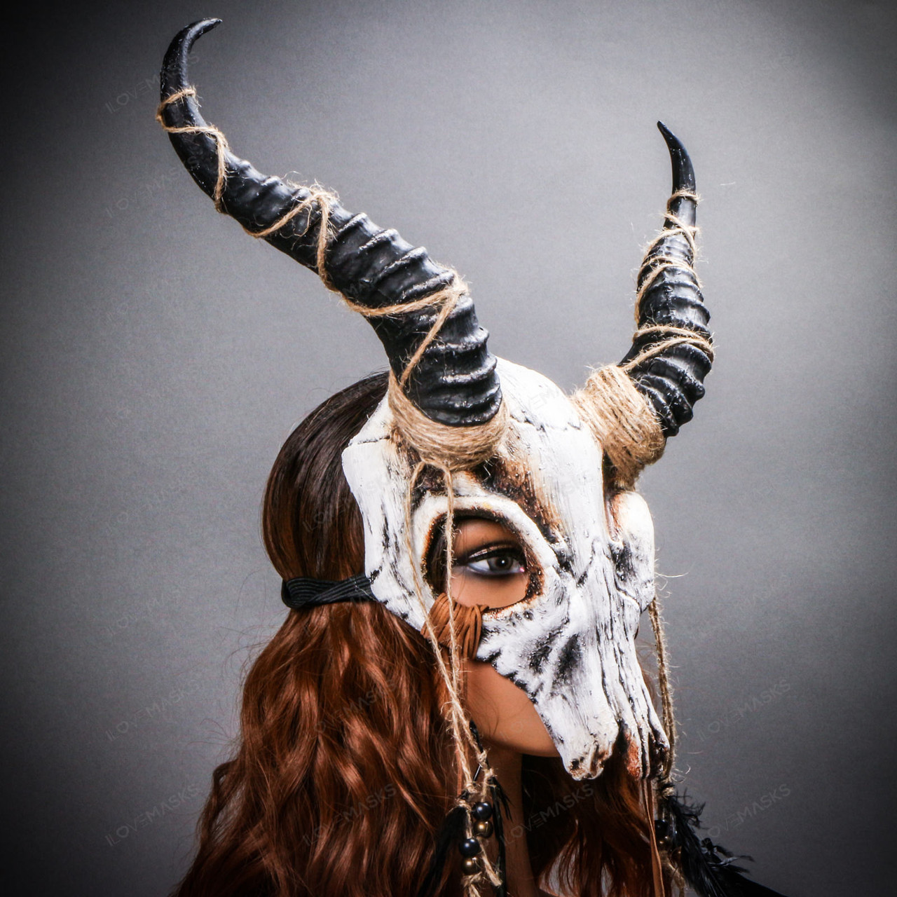 Antelope Devil Animal Skull with Impala Horns Masquerade Mask - White