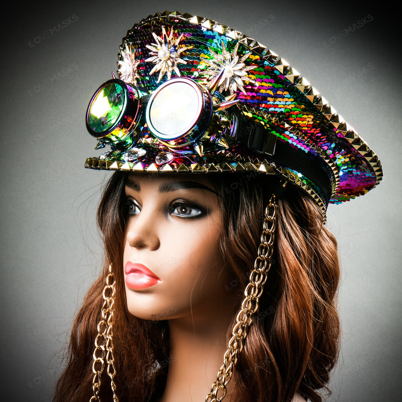 Steampunk Burning Man Captain Hat with Rhinestone & Gold Chain - Rainbow