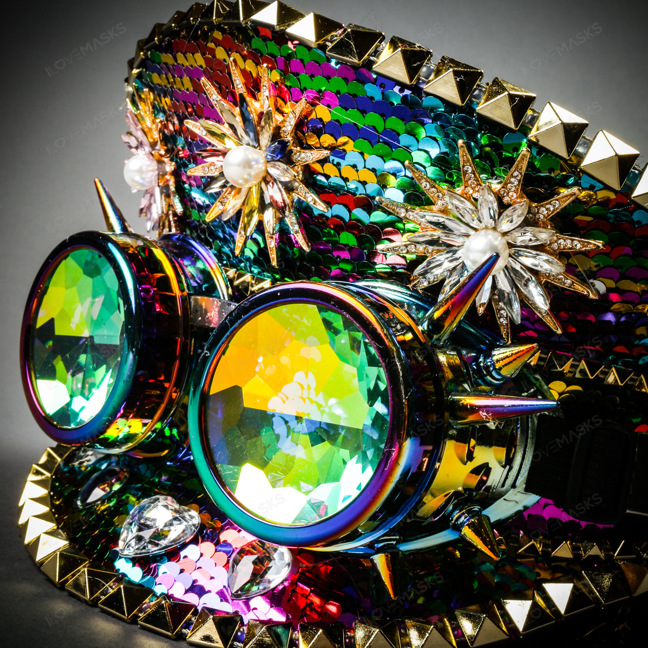 Steampunk Burning Man Captain Hat with Rhinestone & Gold Chain - Rainbow
