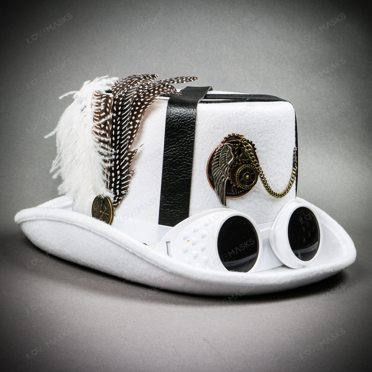 Steampunk Wing Chain Feather Top Hat - White - ILOVEMASKS.COM