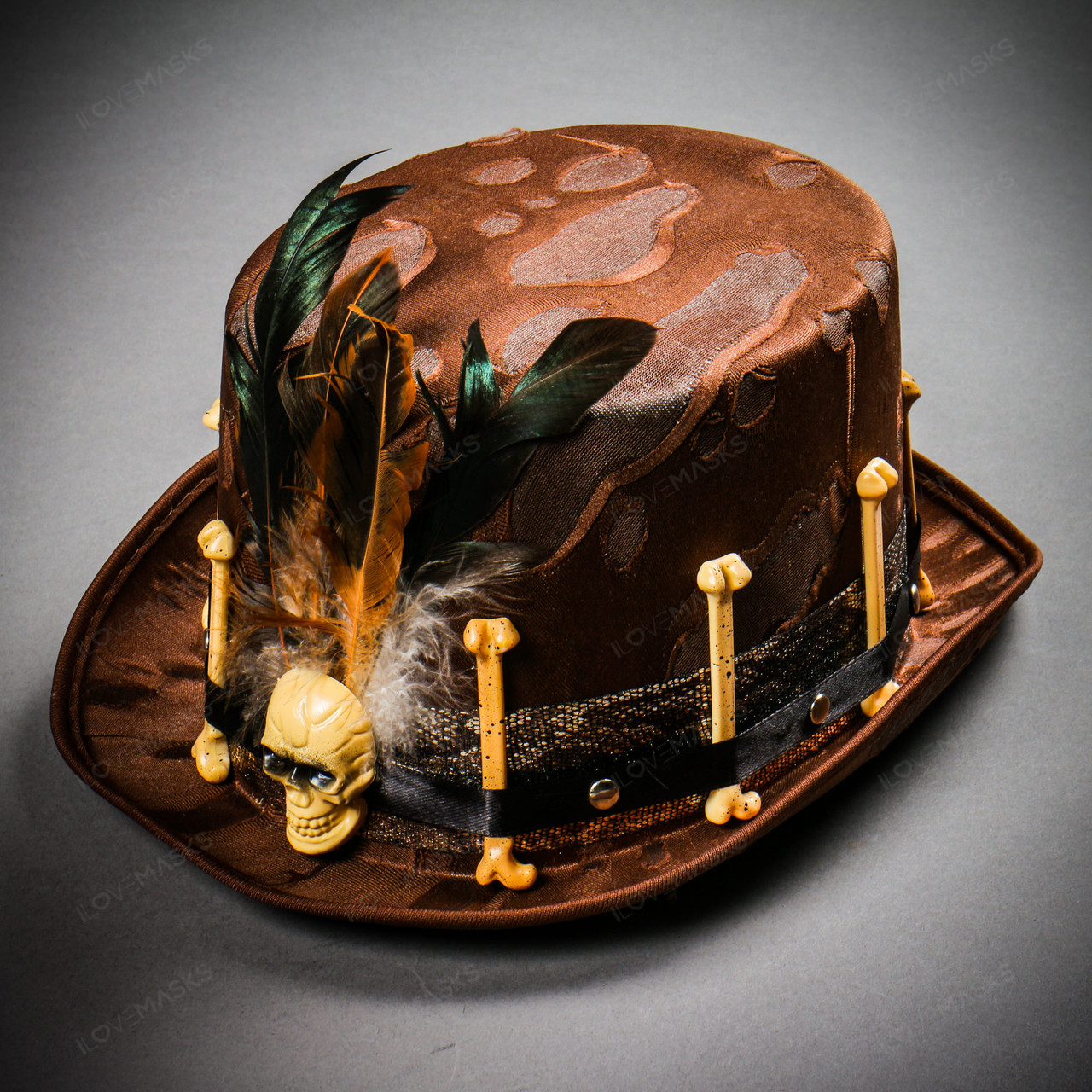 Voodoo Low Top Hat with Skull and Feather - Brown - ILOVEMASKS.COM