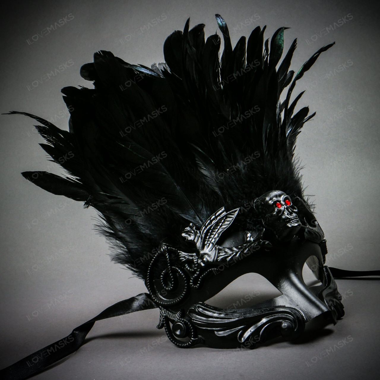 Halloween Skull Eye Mask with Feather Masquerade - Black - ILOVEMASKS.COM