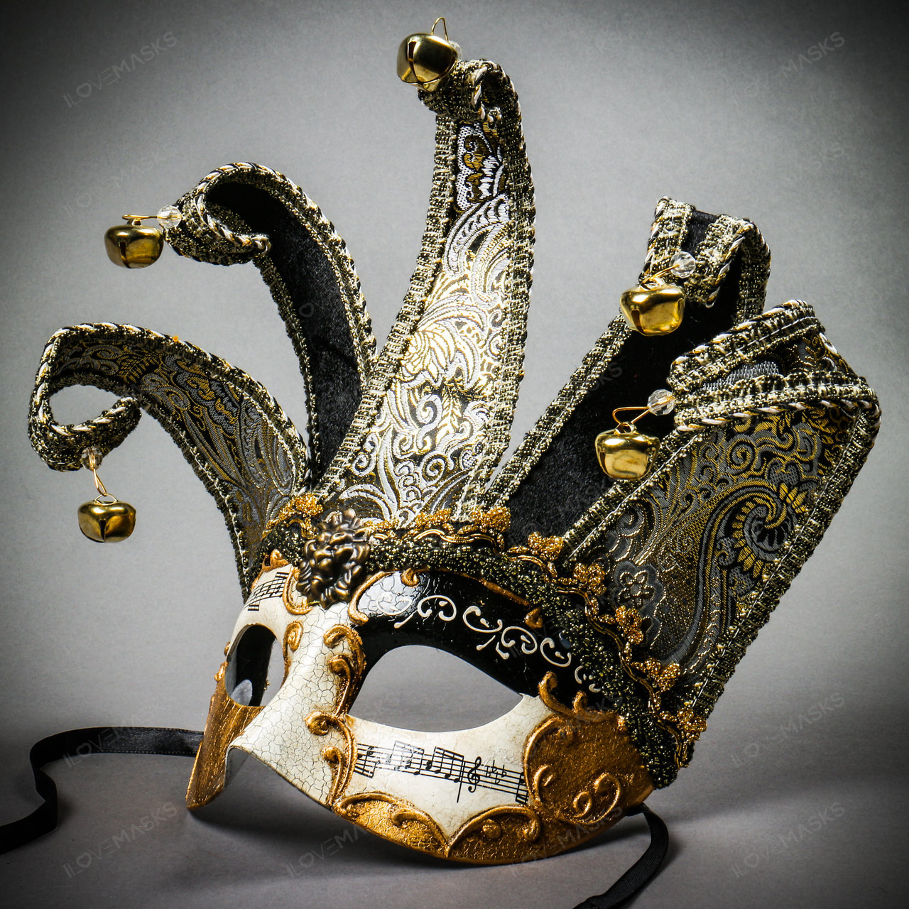 Jester Joker Venetian Musical Eye Mask with Bells - Black Gold ...