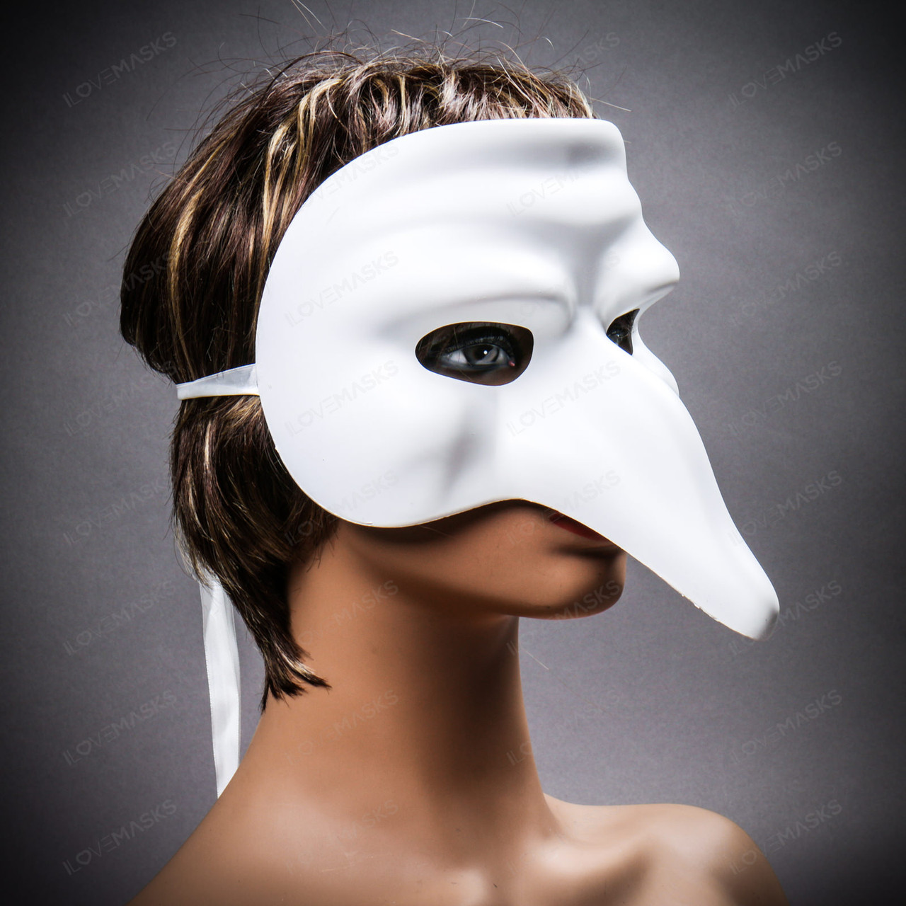 Long Nose Pantalone Venetian Masquerade Mask - White - ILOVEMASKS.COM