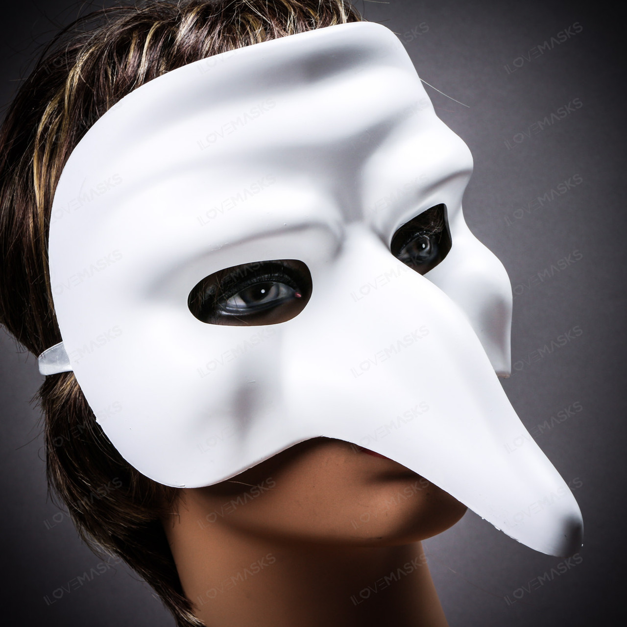 Long Nose Pantalone Venetian Masquerade Mask - White - ILOVEMASKS.COM