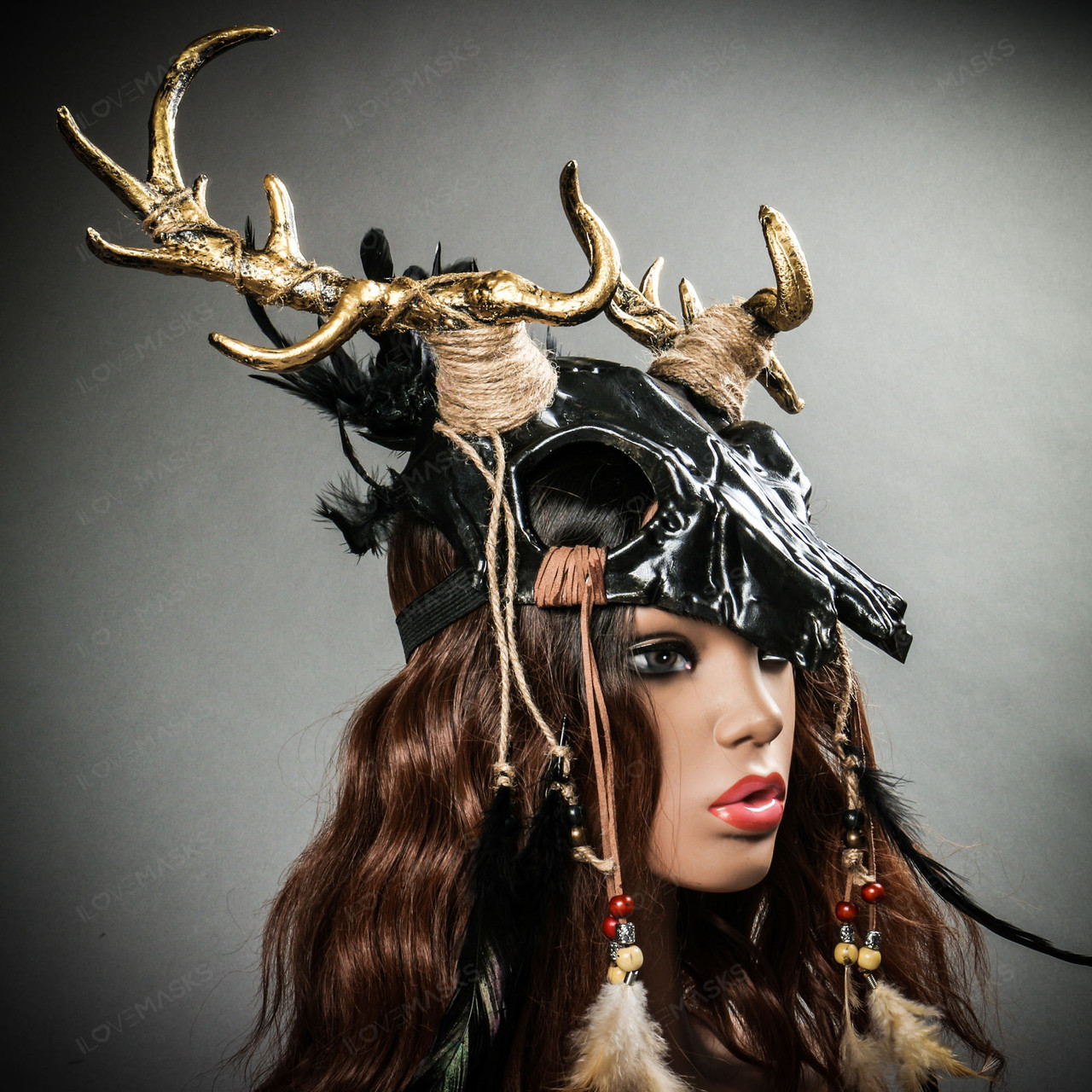 Antelope Devil Gold Deer Horn Skull Ghost Feather Masquerade Mask ...