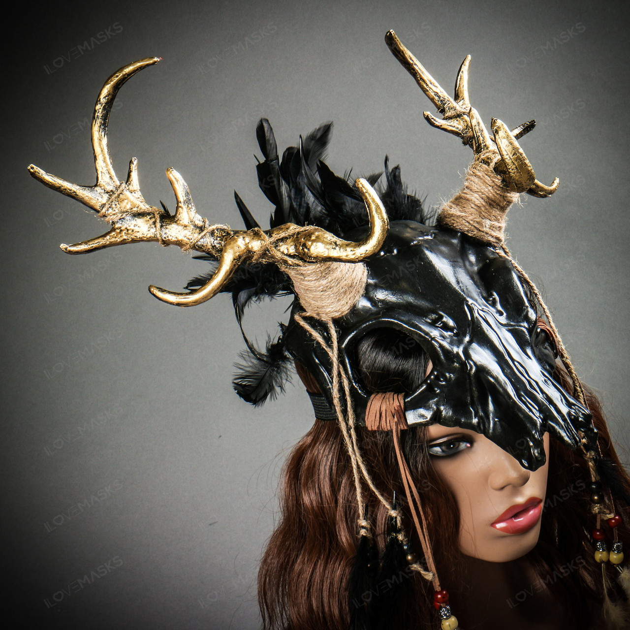 Antelope Devil Gold Deer Horn Skull Ghost Feather Masquerade Mask ...