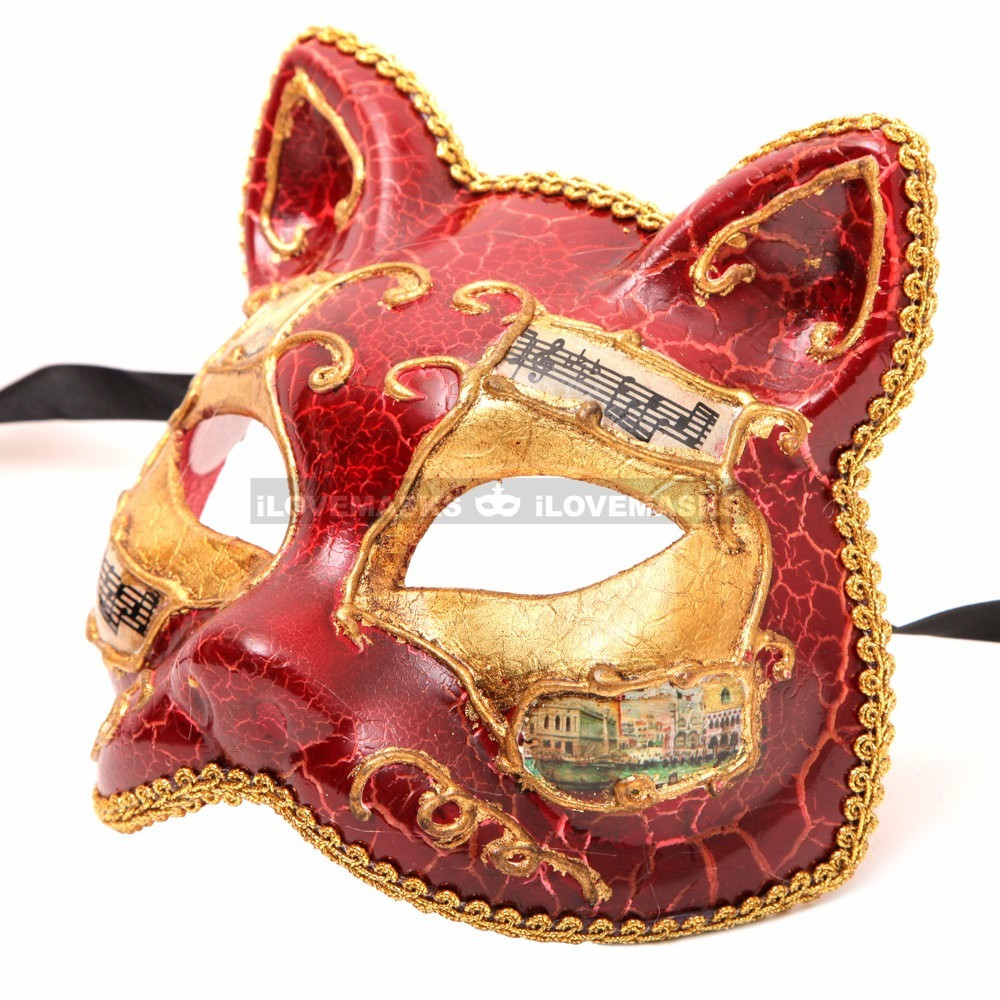 Gatto Cat Venetian Masquerade Mask - Red Gold