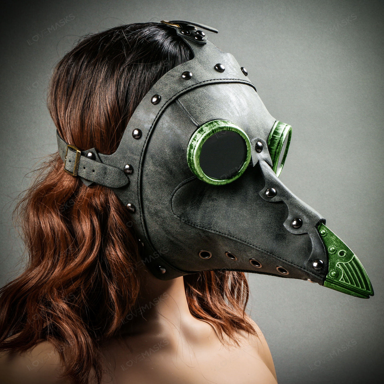 Steampunk Plague Doctor with Goggle Short Bird Beak Mask - Grey Green ...