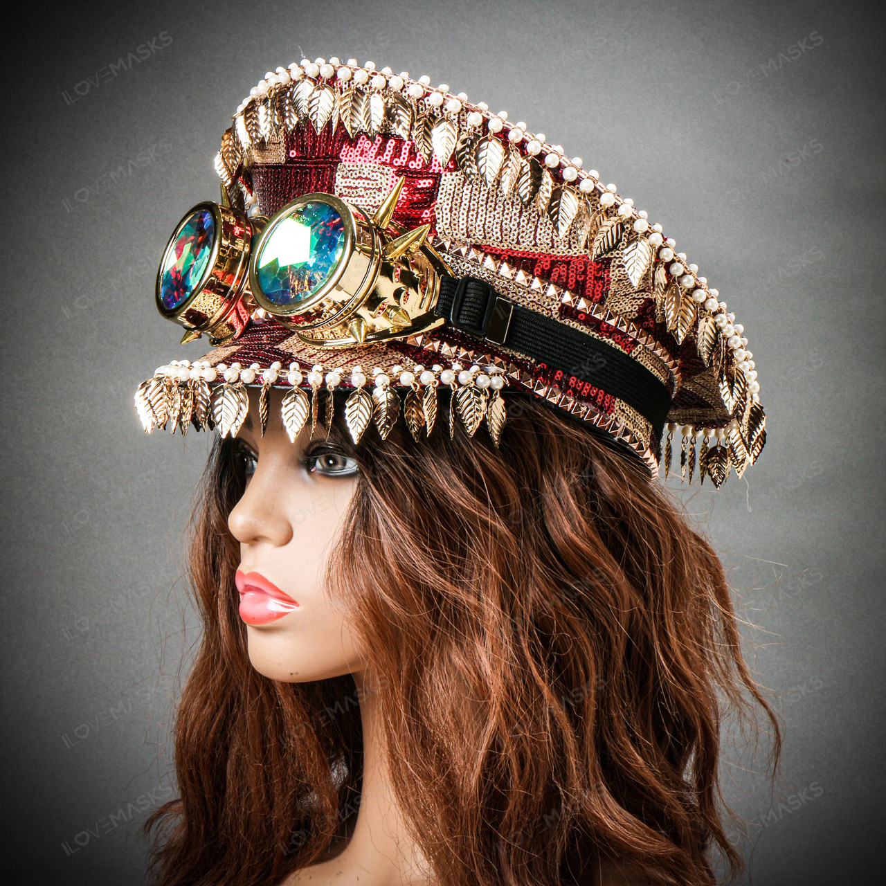 Steampunk Burning Man Captain Hat with Kaleidoscope 3D Goggles & Golden ...