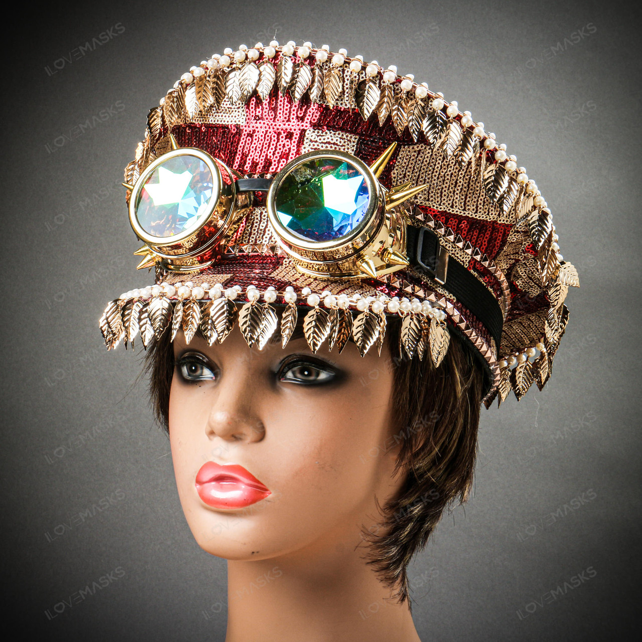 Steampunk Burning Man Captain Hat with Kaleidoscope 3D Goggles & Golden ...