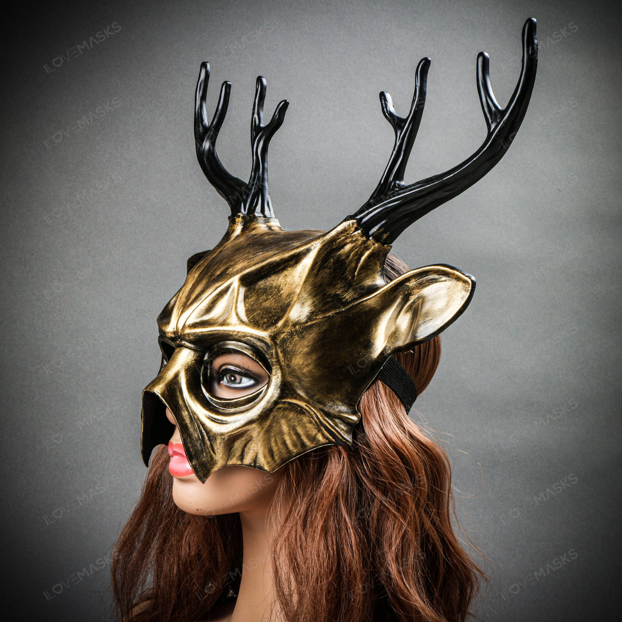 Antler Deer Black Horn Devil Halloween Masquerade Mask - Metallic Gold