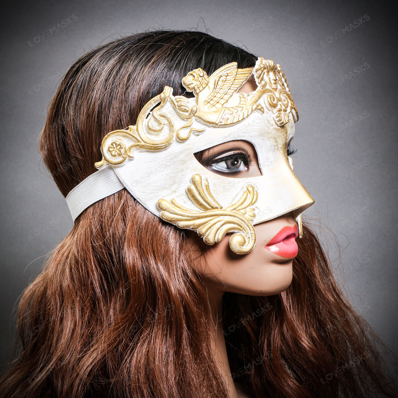 Roman Greek Emperor Masquerade Venetian Mask - White Gold - ILOVEMASKS.COM