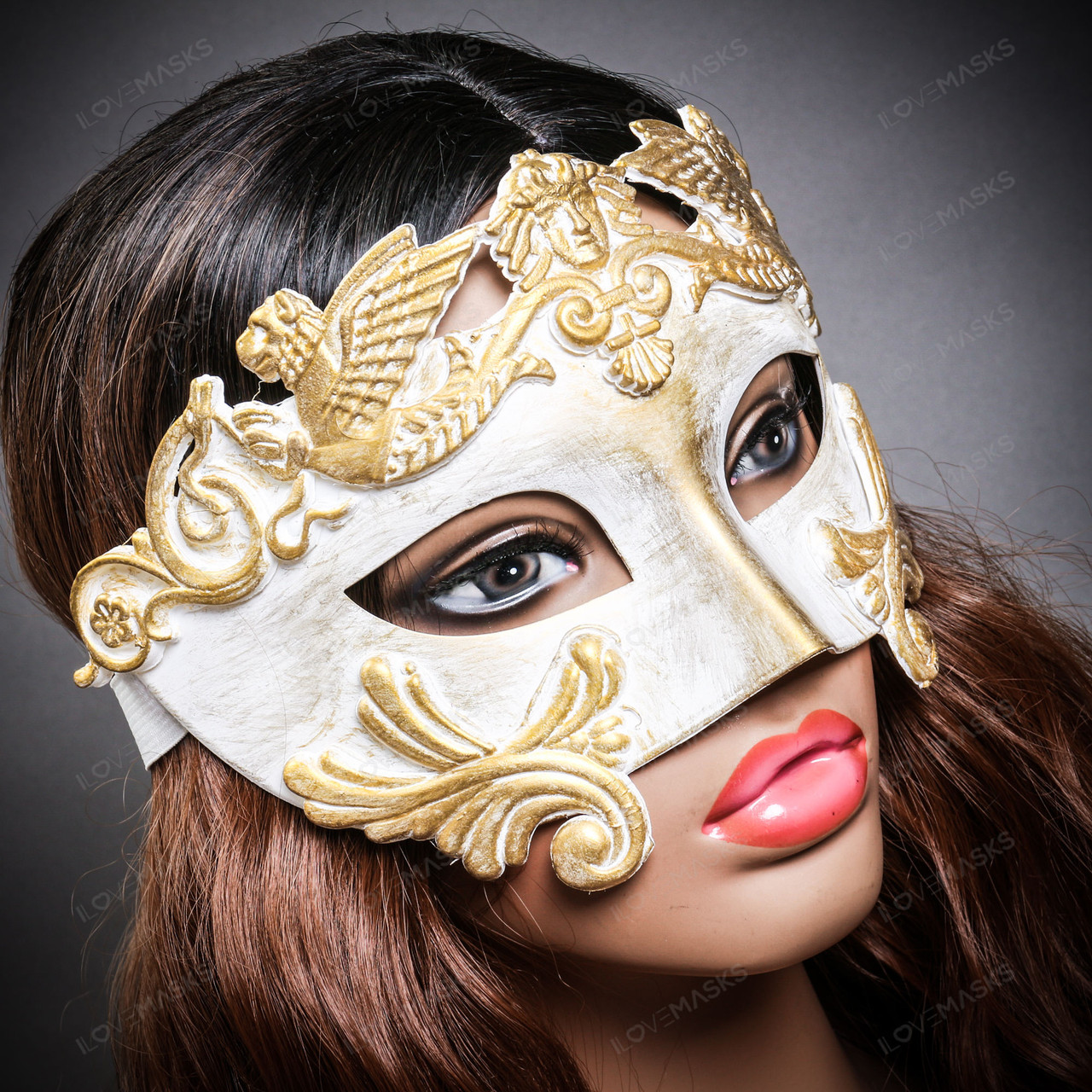 Roman Greek Emperor Masquerade Venetian Mask - White Gold - ILOVEMASKS.COM