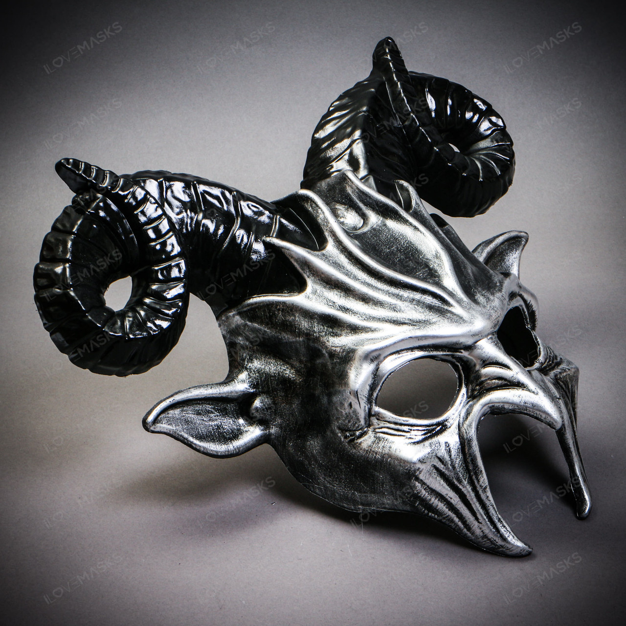 Krampus Ram Demon with Black Horns Devil Halloween Mask - Silver ...