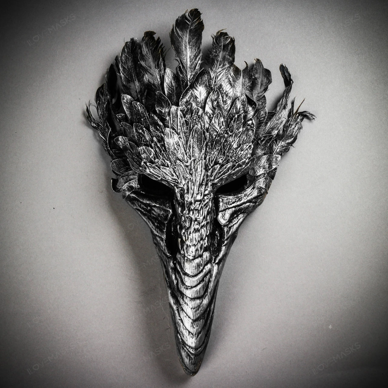 Plague Doctor Raven Curved Long Nose Mask with Feather - Black Silver ...