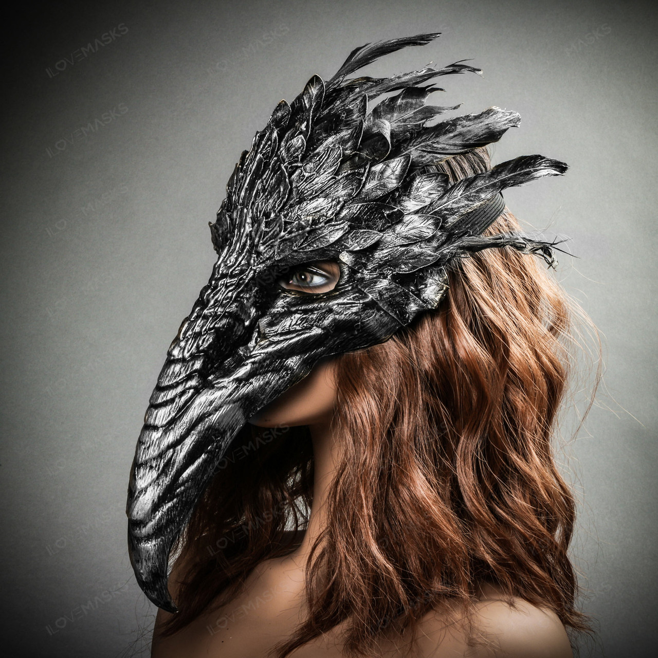 Plague Doctor Raven Curved Long Nose Mask with Feather - Black Silver ...