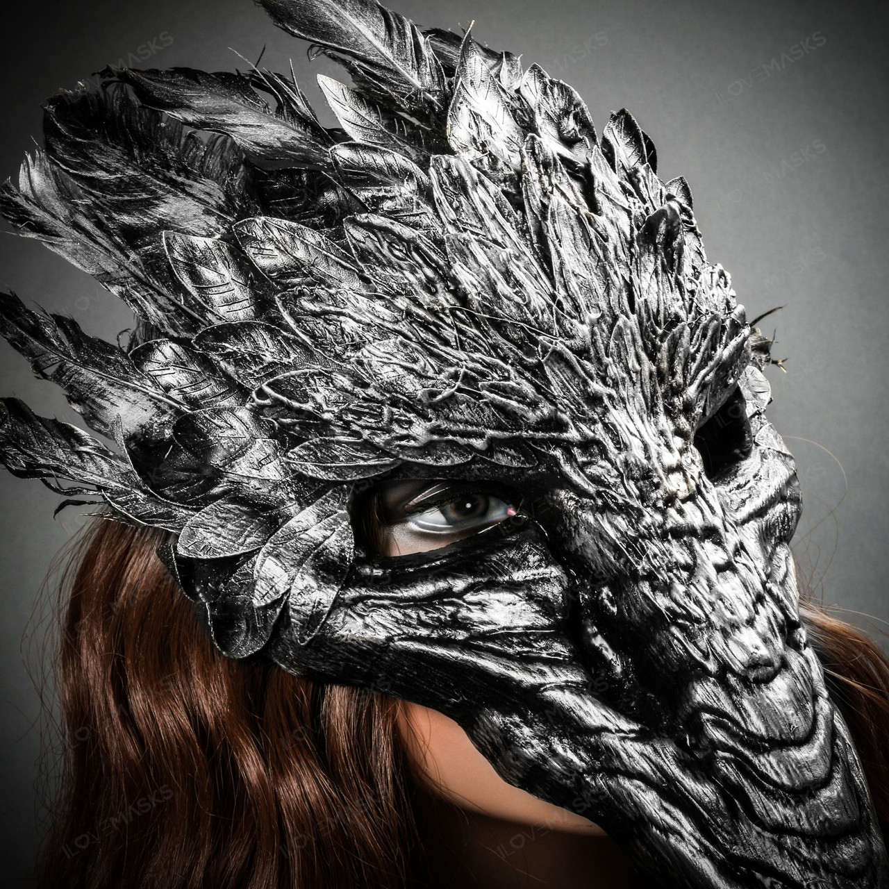 Plague Doctor Raven Curved Long Nose Mask with Feather - Black Silver ...