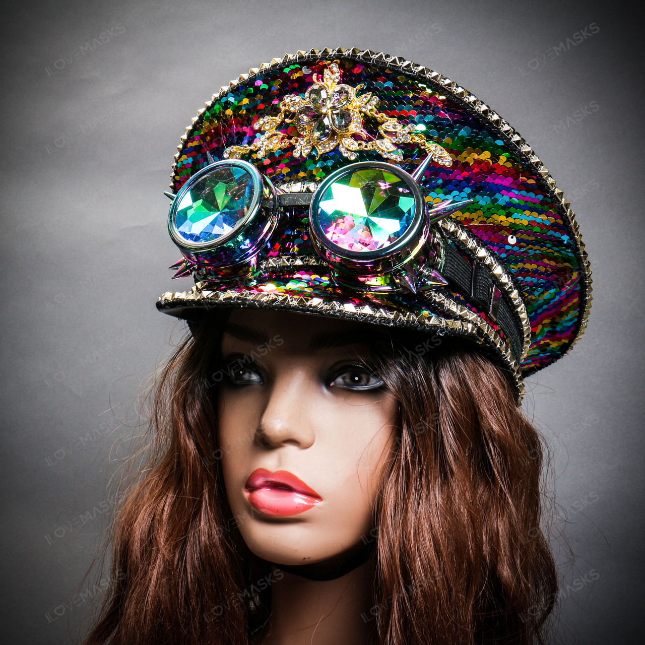 Steampunk Burning Man Captain Hat with Rhinestone Jewelry - Rainbow ...