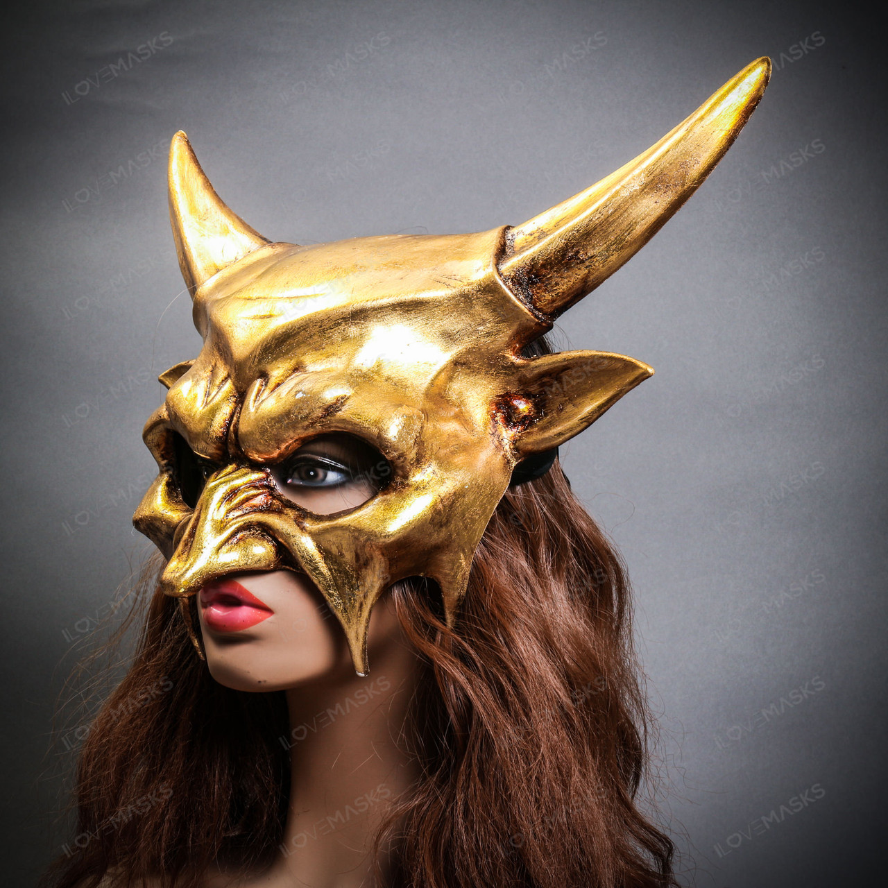 Demon Sharp Horn Devil Masquerade Mask - Metallic Gold - ILOVEMASKS.COM