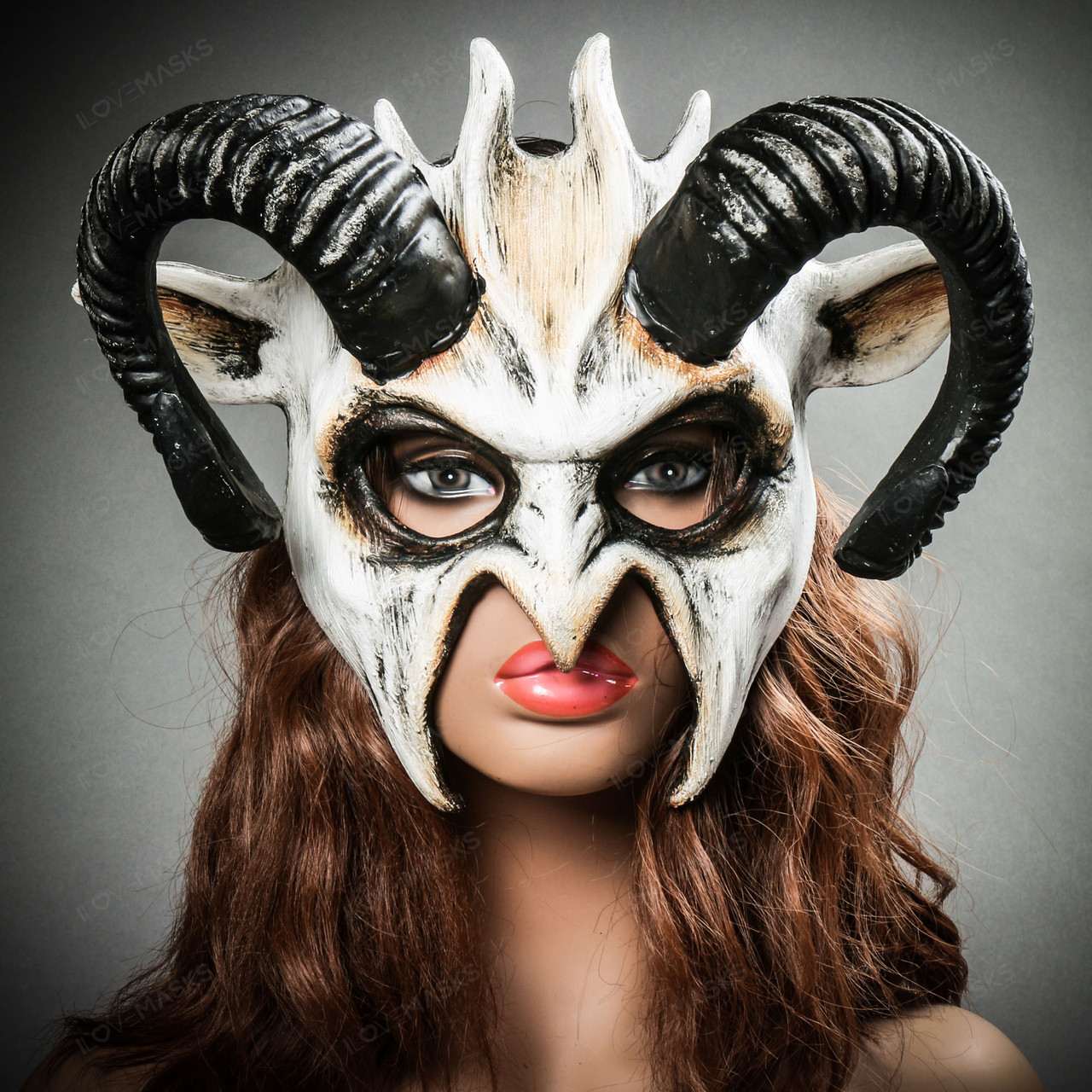 Demon Devil Satan with Black Horns Masquerade Mask - White - ILOVEMASKS.COM