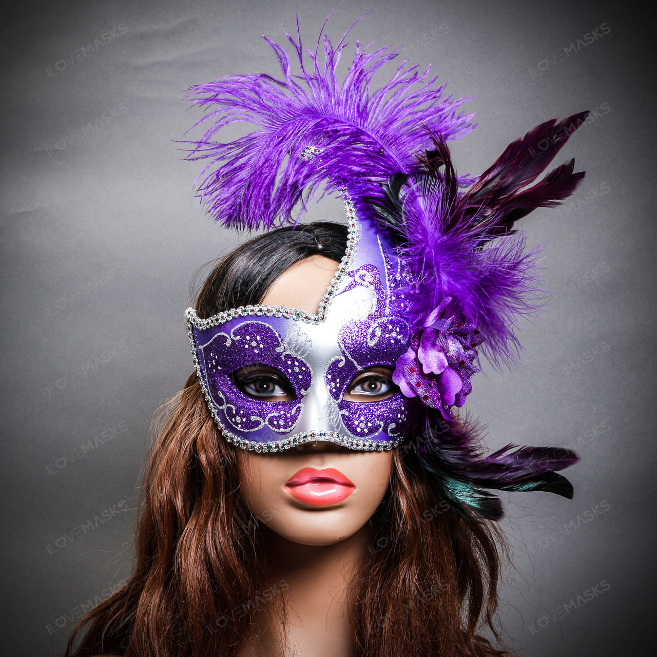 Venetian Side Feather Glitter Costume Prom Mask - Silver Purple ...