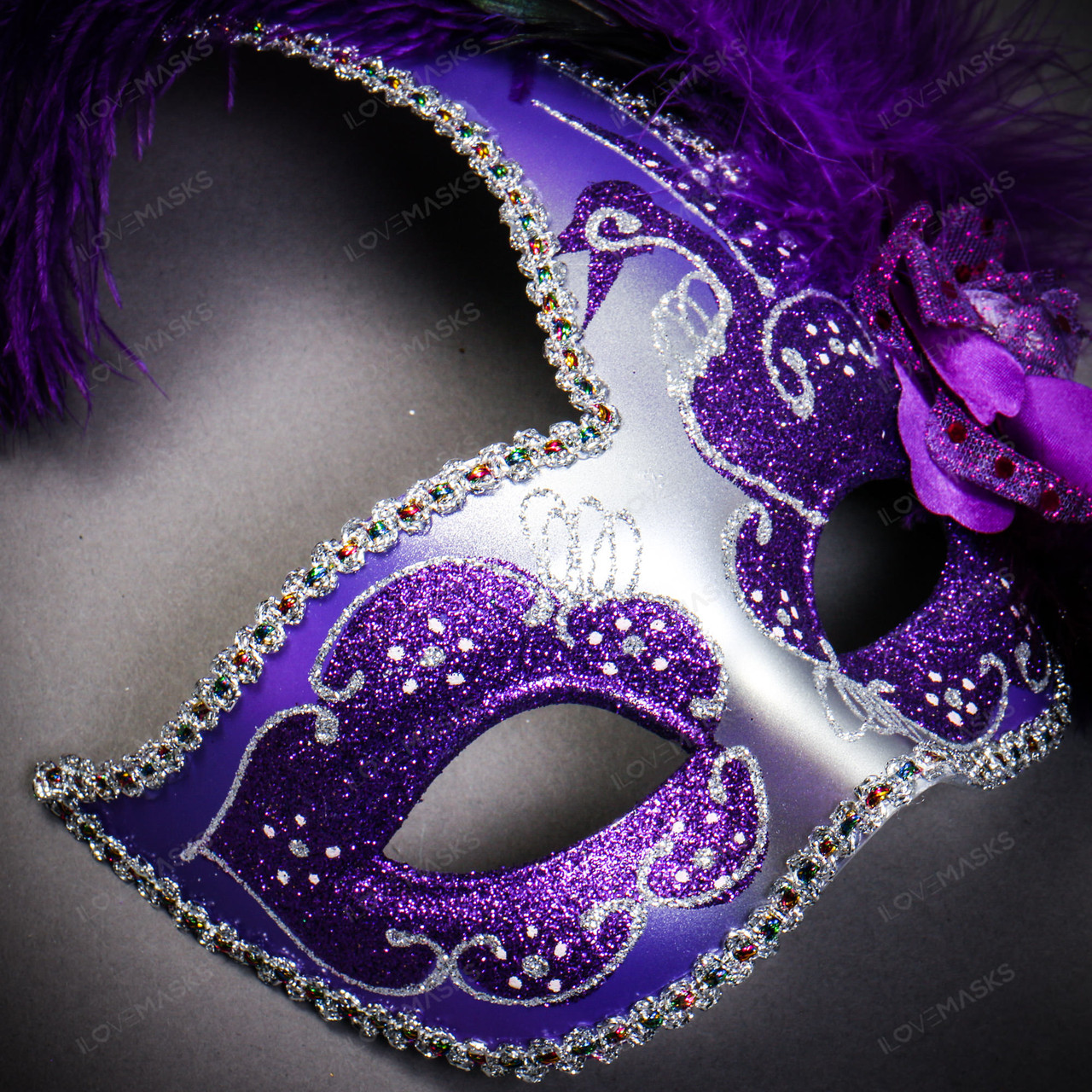 Venetian Side Feather Glitter Costume Prom Mask - Silver Purple ...