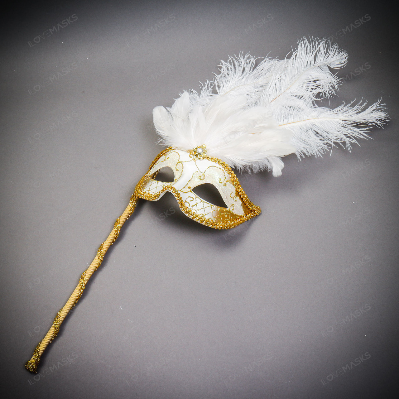 Venetian Glitter Crystal Masquerade Party Mask with Feather and Stick ...