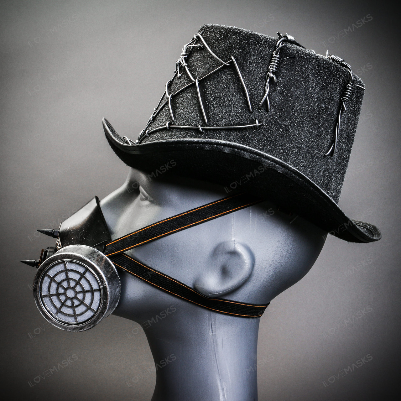 Silver Halloween Spider Web Top Hat w/ Silver Party Gas Party Face Mask