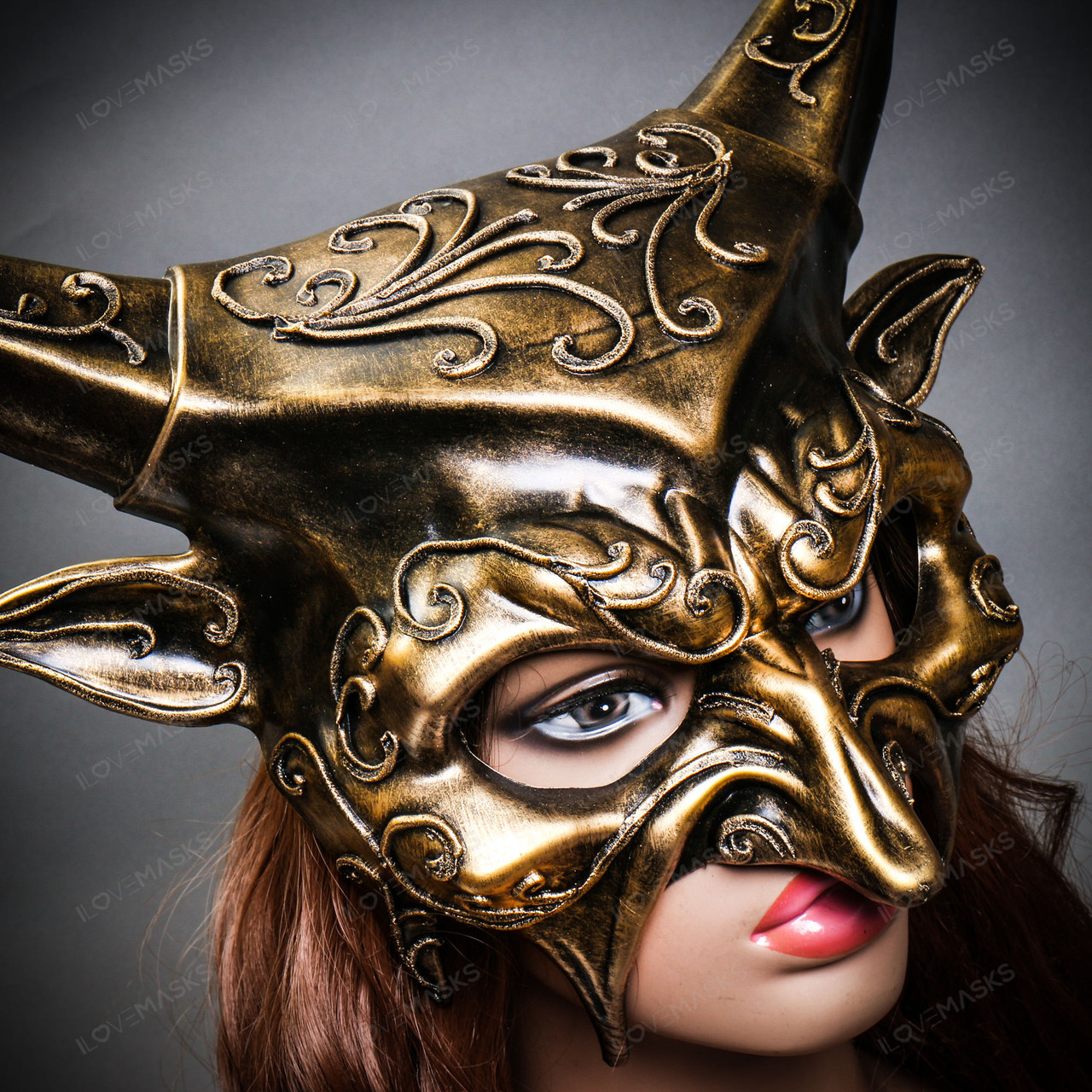 Demon Sharp Horn Ancient Devil Masquerade Mask - Gold - ILOVEMASKS.COM