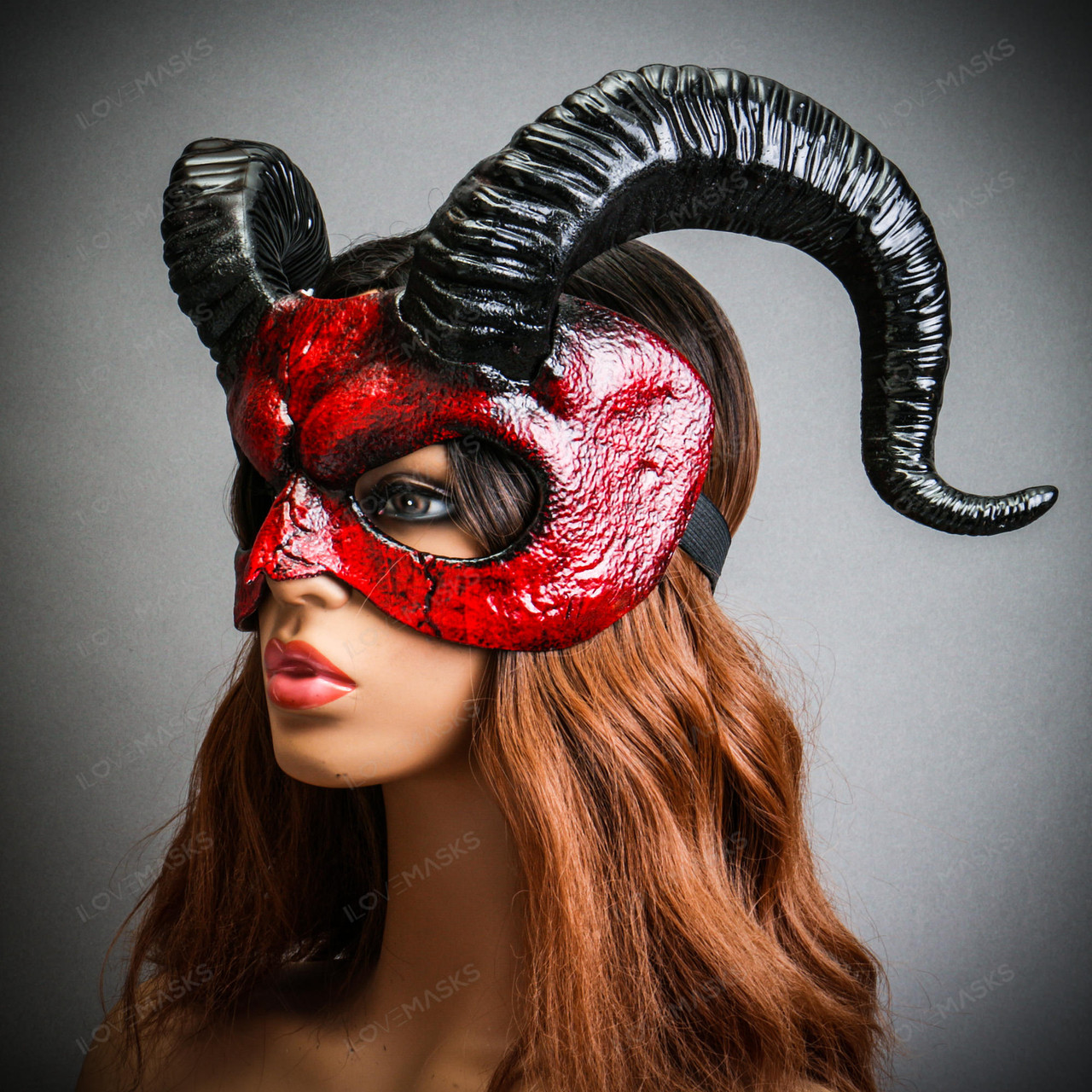 Demon Devil with Back Twisted Horns Masquerade Eye Mask - Bloody Red