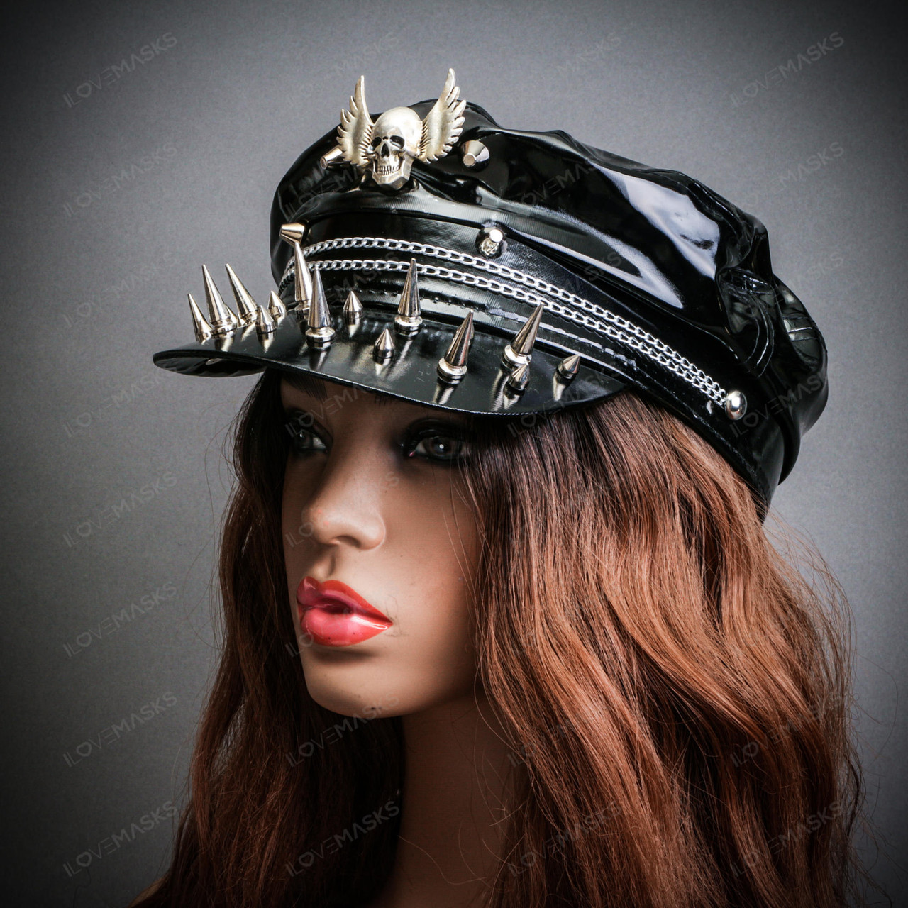 Military Police Spikes Skull Wing Punk Cap Hat - Black