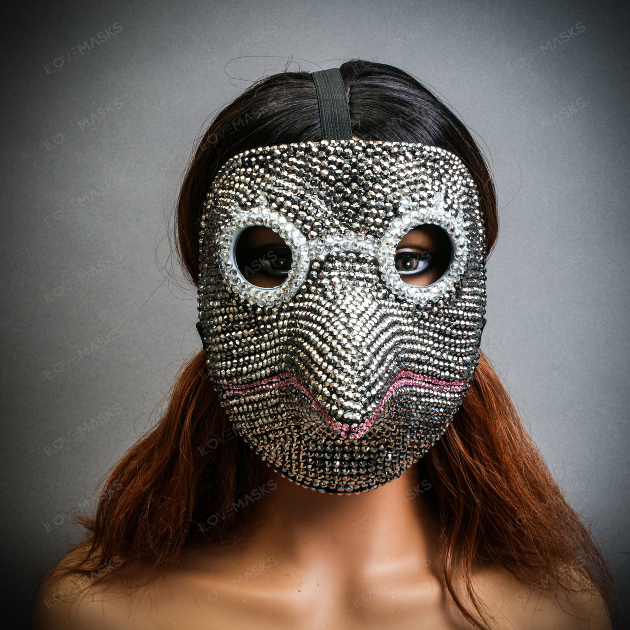 Shinny Rhinestones Pantalone Full Face Masquerade Mask - Dark Grey