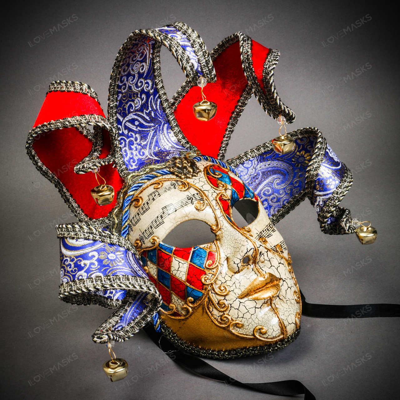 Medieval Crackle Jester Musical Joker Venetian Masquerade Mask with ...