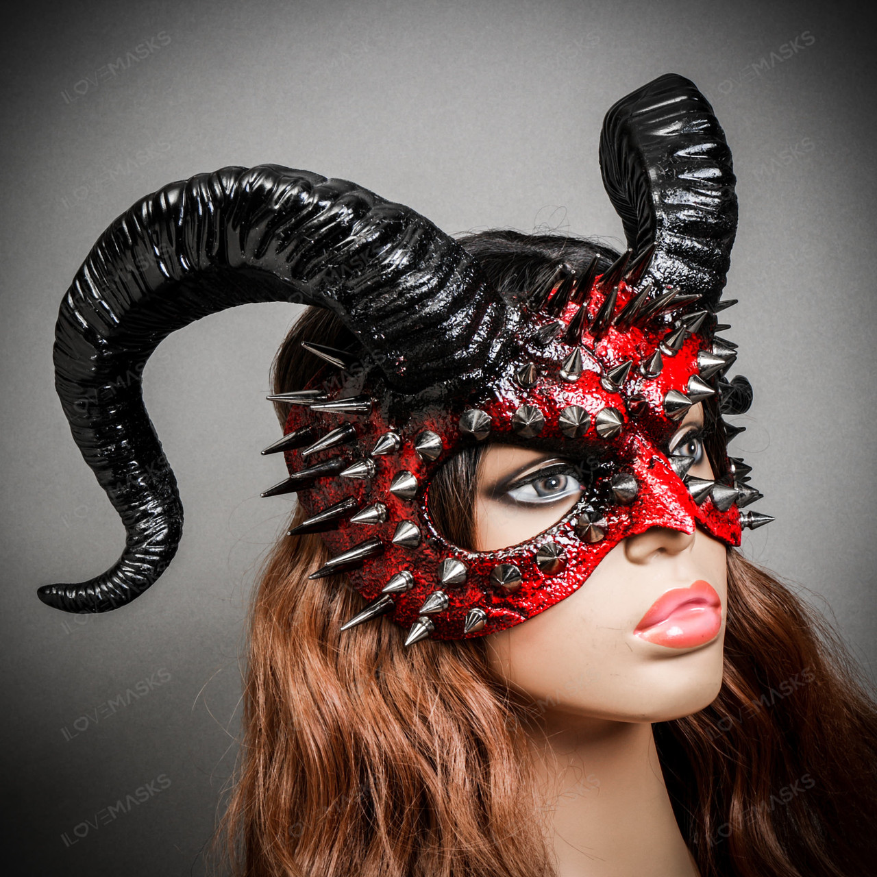 Demon Devil with Back Twisted Horns Masquerade Eye Mask - Bloody Red