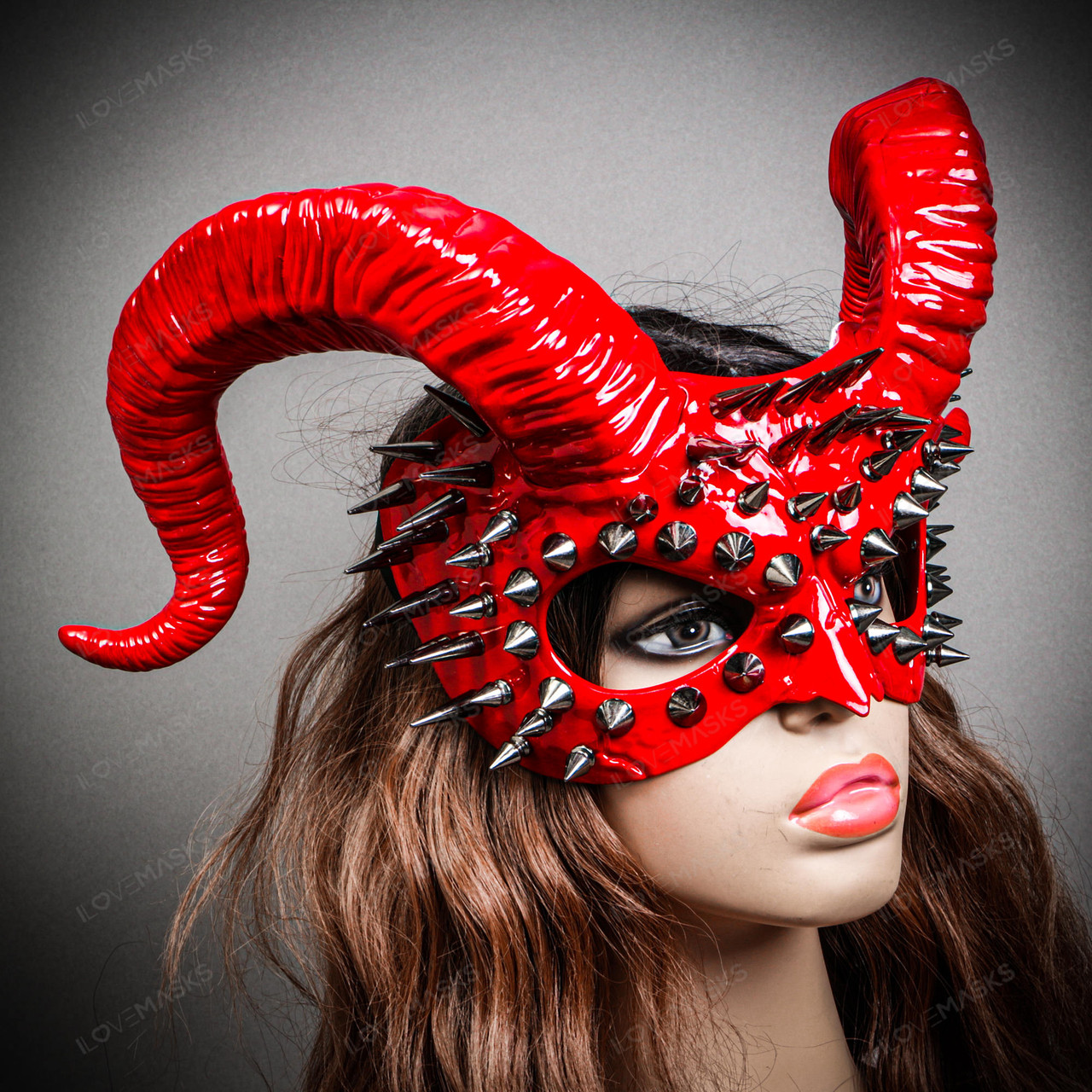 Demon Devil with Back Twisted Horns Masquerade Eye Mask - Bloody Red