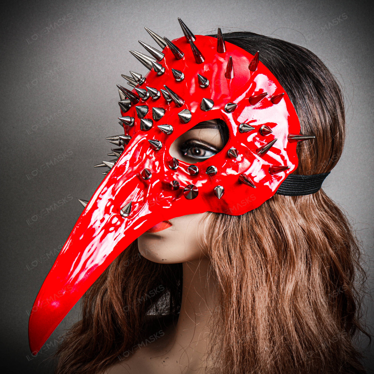 Raven Skull Steampunk Spikes Bird Nose Masquerade Mask - Red