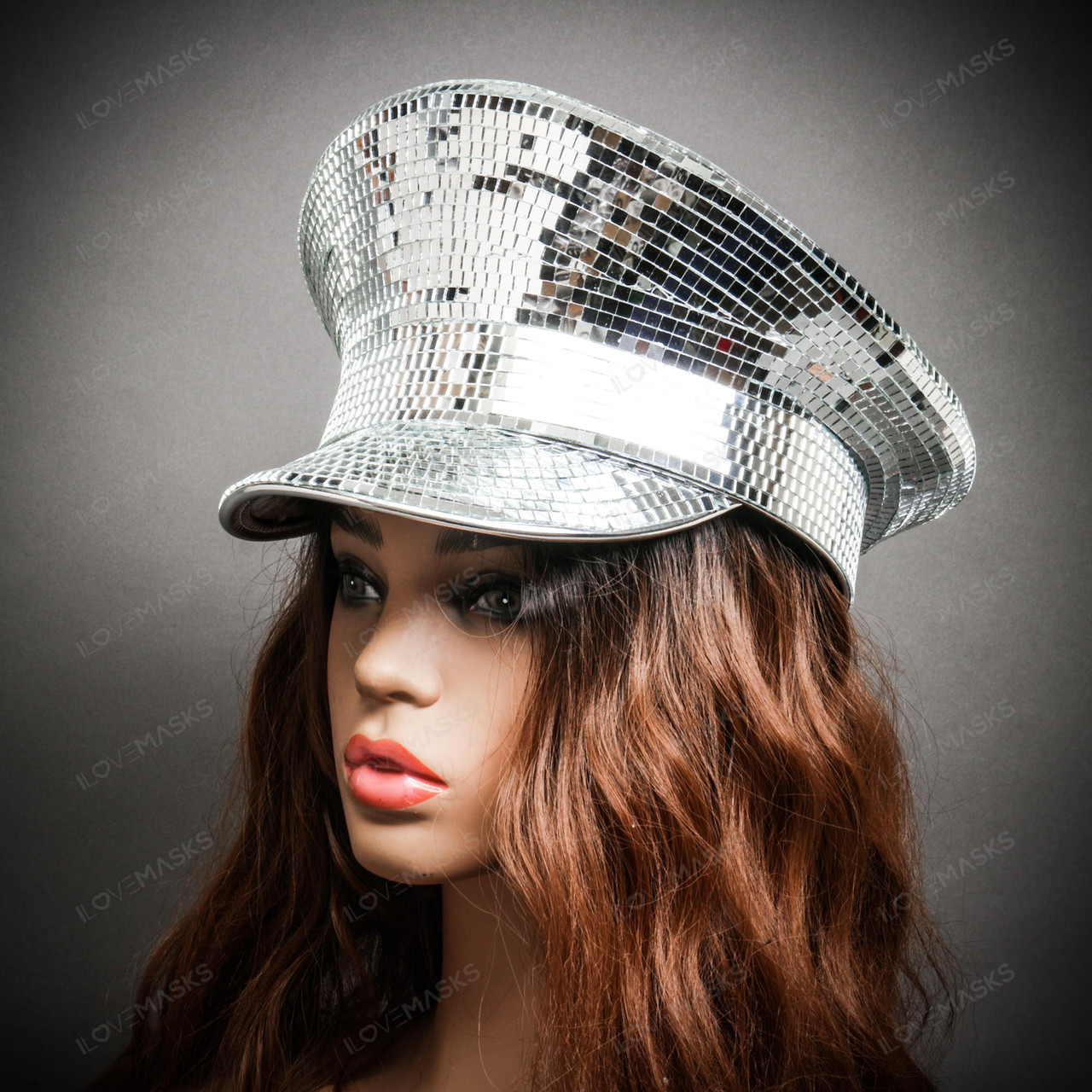 Shinny Disco Ball Mirrors Rave Party Military Captain Cap - Silver