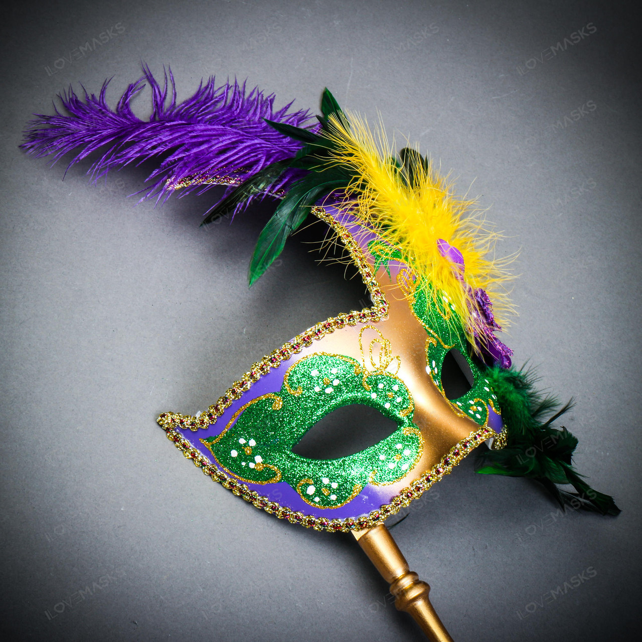 Venetian Side Feather Masquerade Mask with Stick - Gold Black