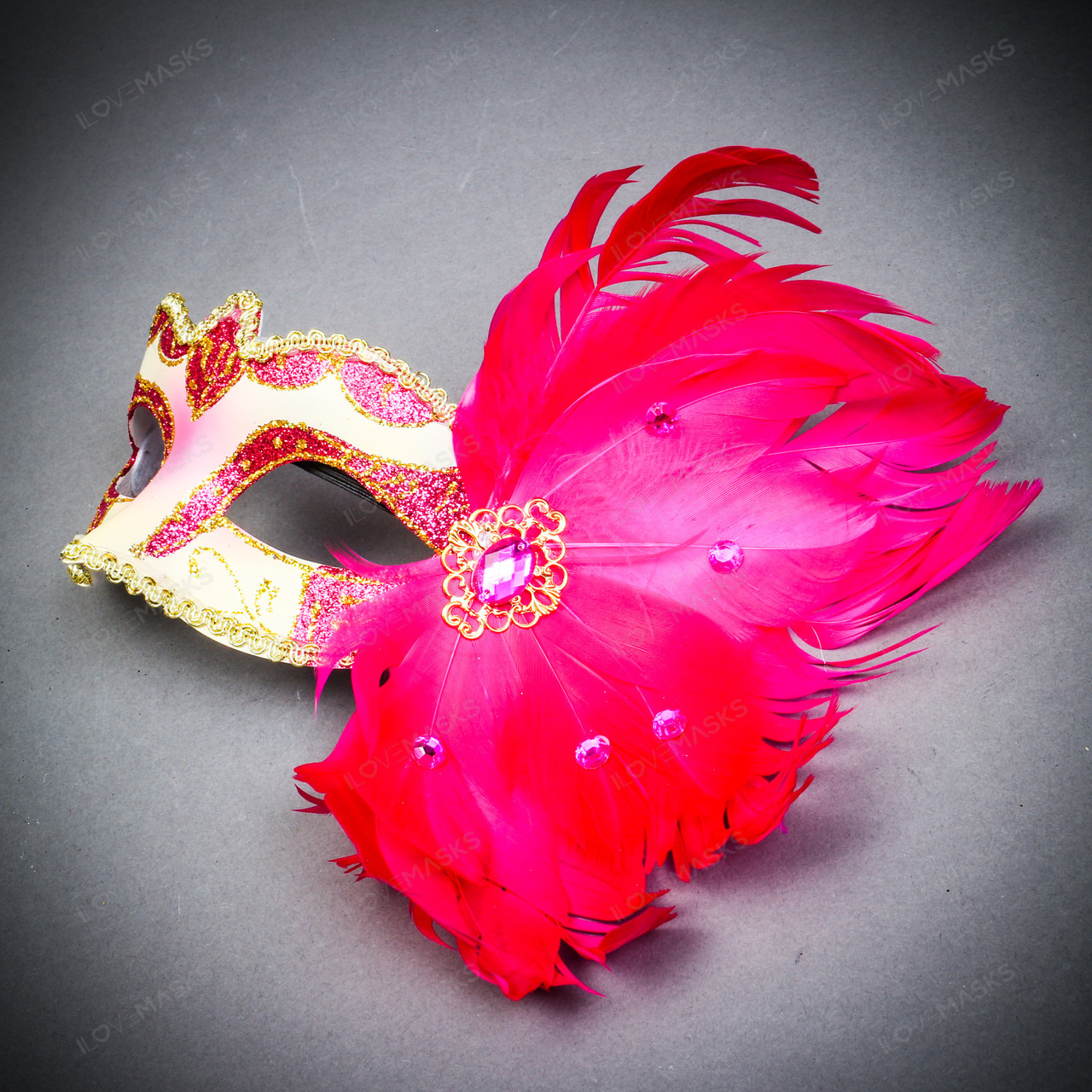 Venetian Pink Side Feather Glitter Ivory Women Eyes Mask, Masquerade ...