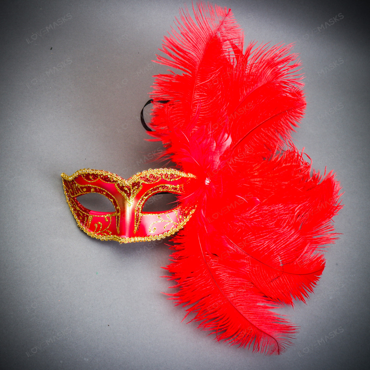 Venetian Large Fluffy Side Red Feather Women Masquerade Eyes Mask - Red ...