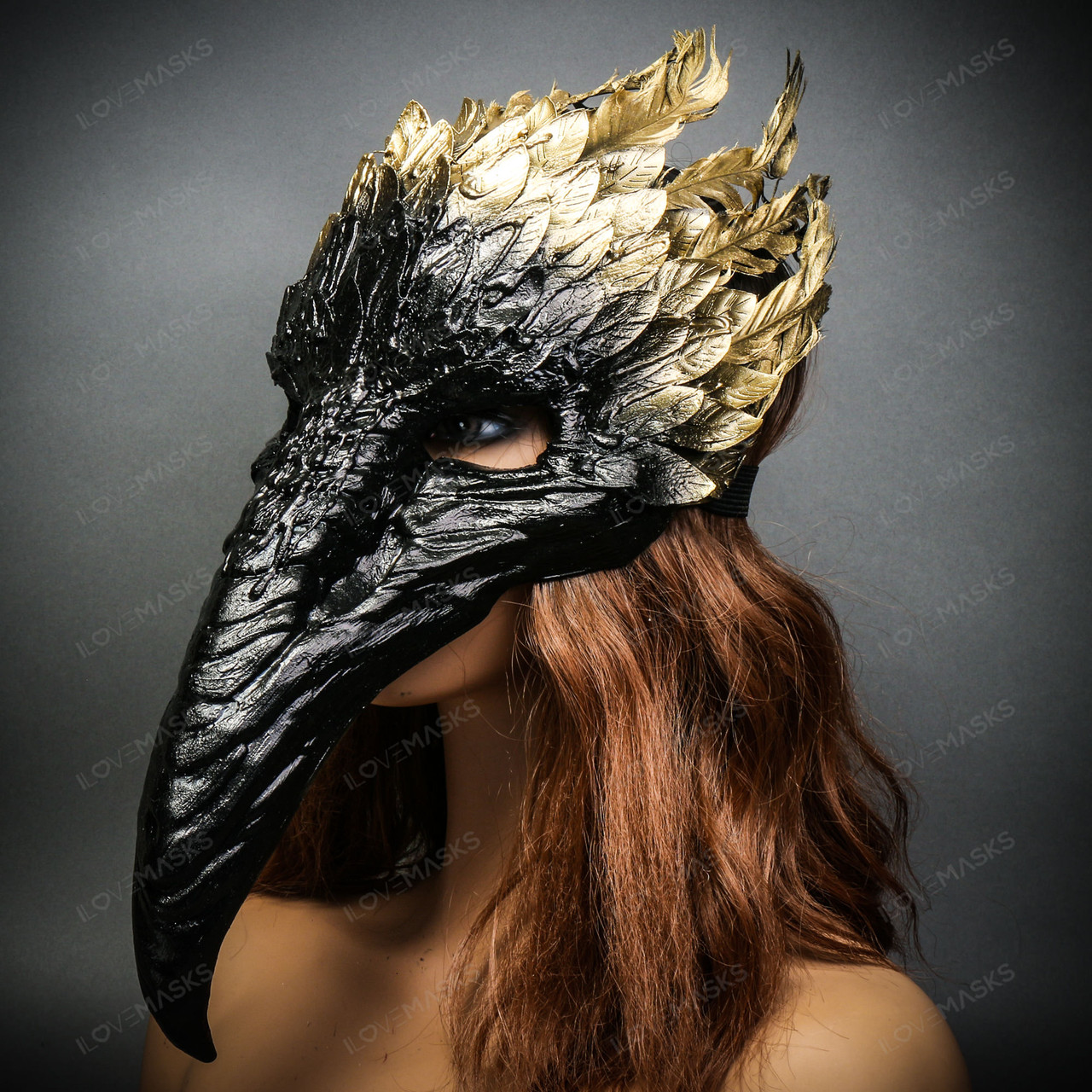 Plague Doctor Raven Curved Long Nose Mask with Gold Feather - Black