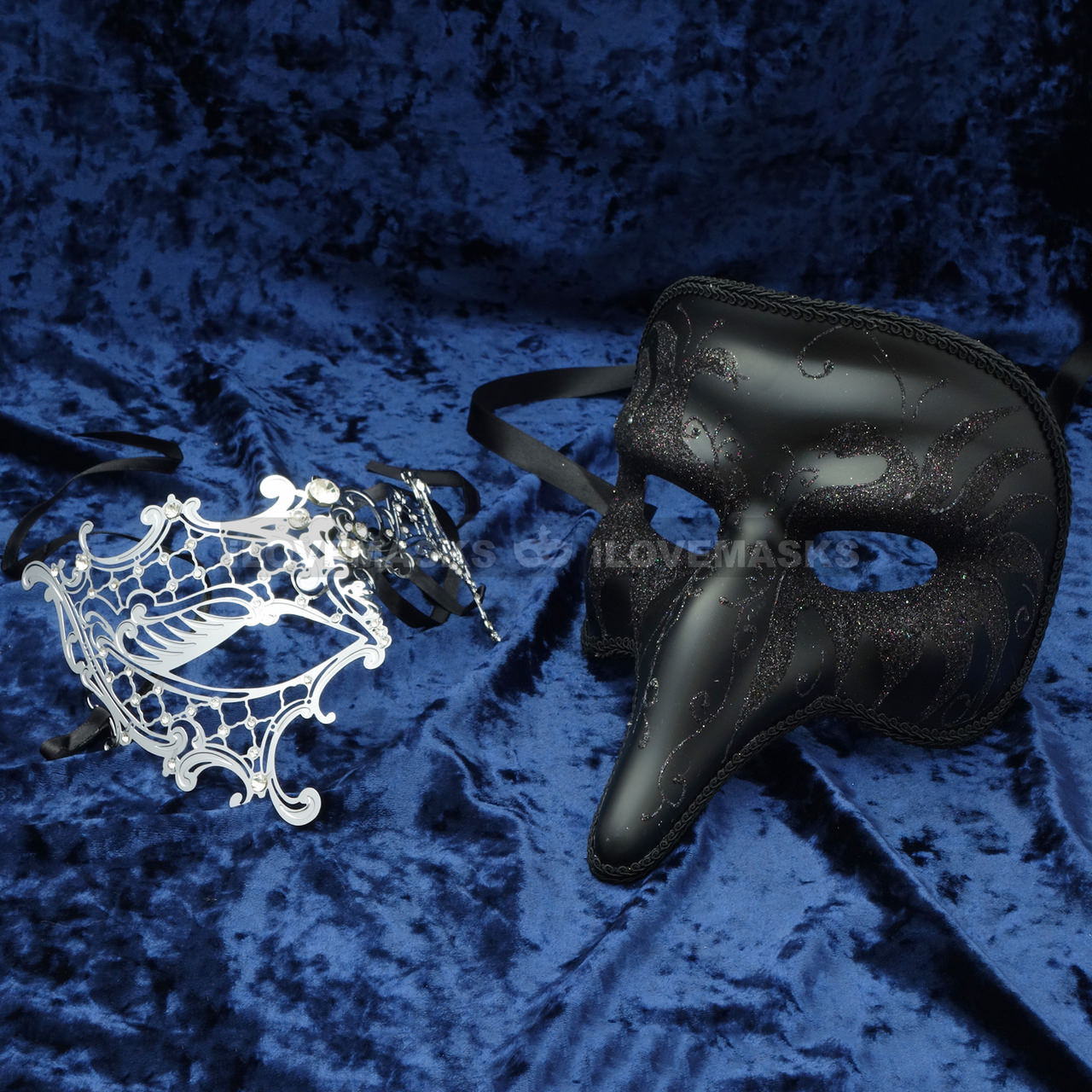 Black Long Nose Swan Venetian Masquerade Mask & Silver Venetian ...