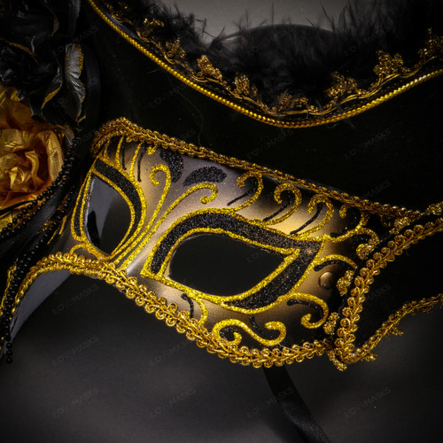 Lady Pirate Venetian Masquerade Mask Hat - Black Gold