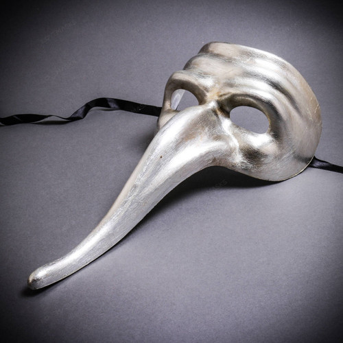 Zanni Long Nose Venetian Mardi Gras Mask Masquerade - Silver